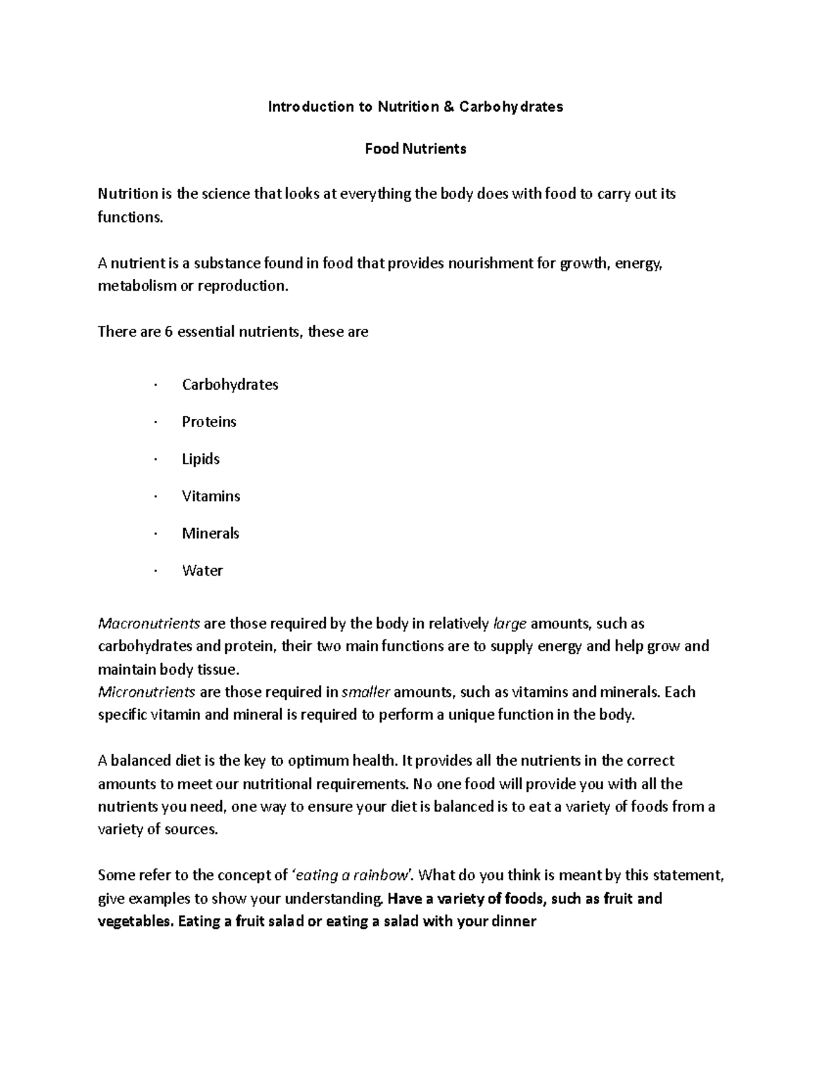 Introduction to Nutrition & Carbohydrates - Introduction to Nutrition ...