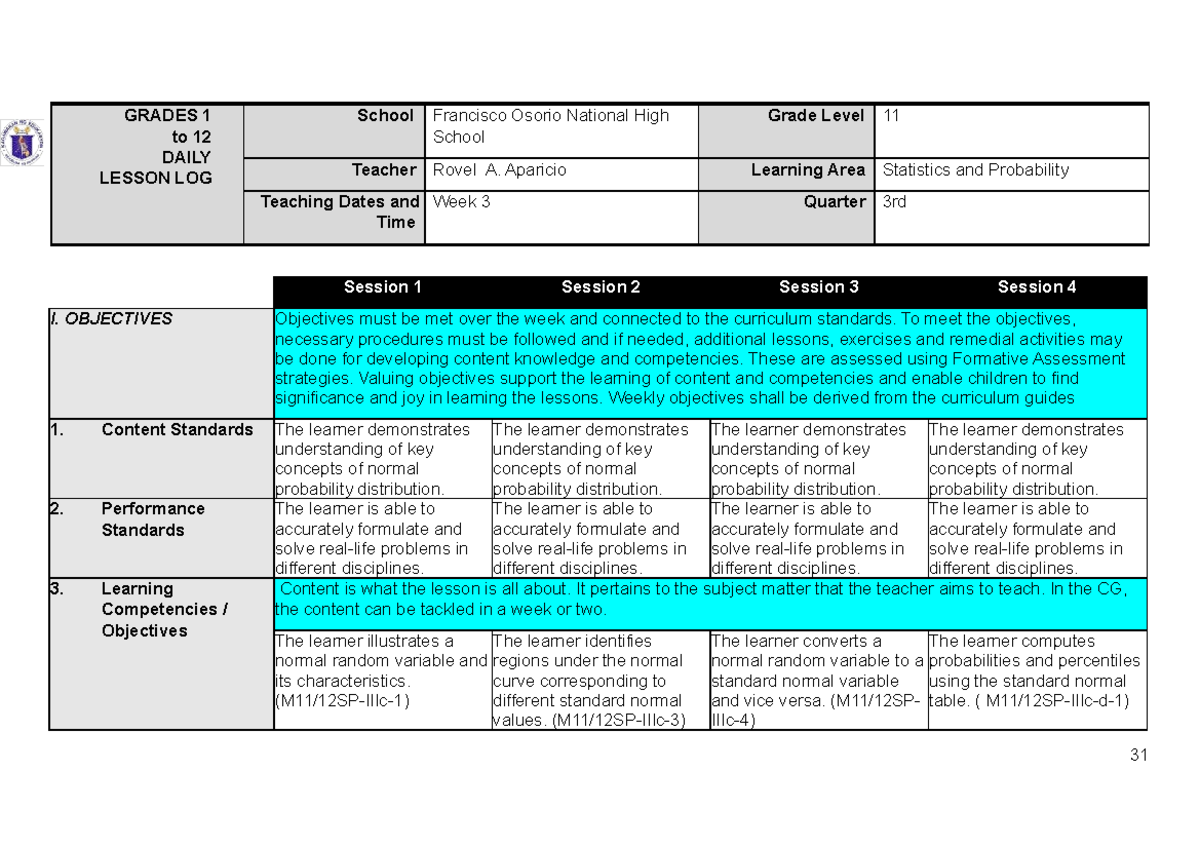 Lesson Plan in Statistics WEEK 3 - GRADES 1 to 12 DAILY LESSON LOG ...