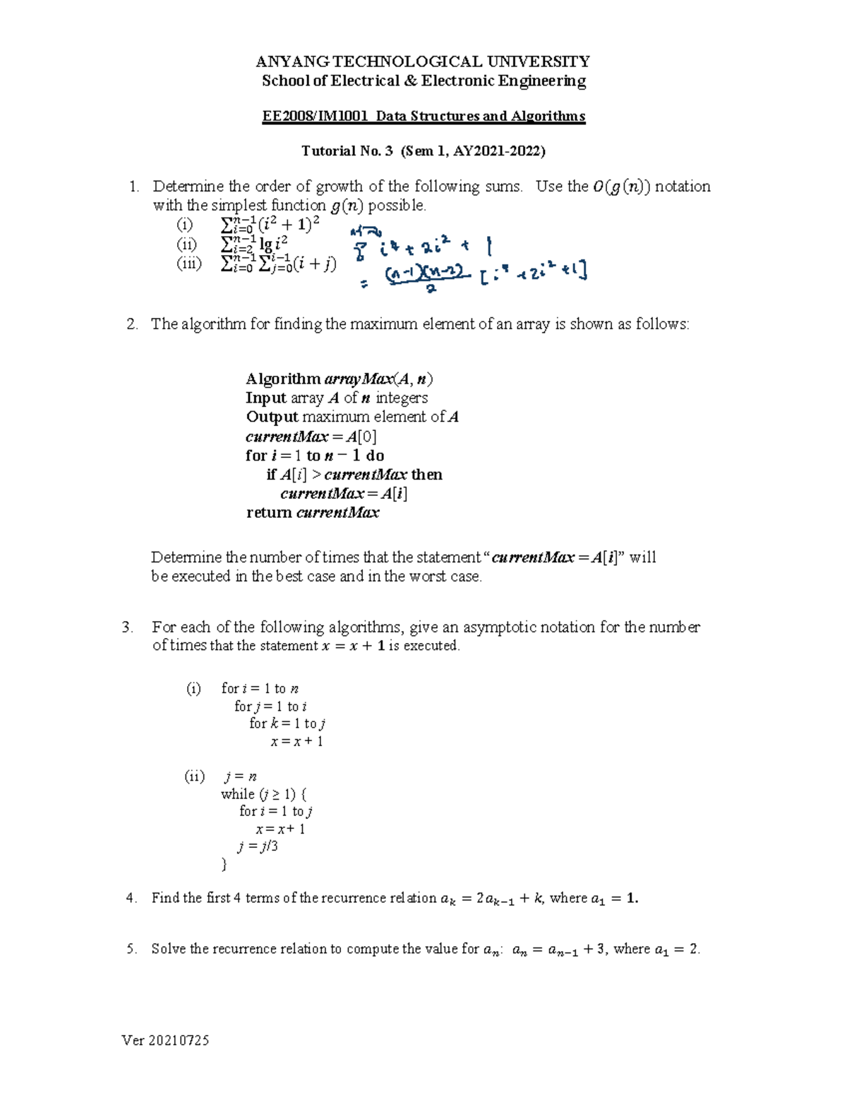 EE2008-IM1001 Tutorial no 03 2021 - Ver 20210725 ANYANG TECHNOLOGICAL UNIVERSITY School of - Studocu