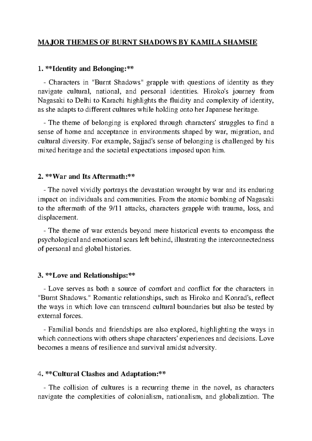 Burnt shadows themes - MAJOR THEMES OF BURNT SHADOWS BY KAMILA SHAMSIE ...