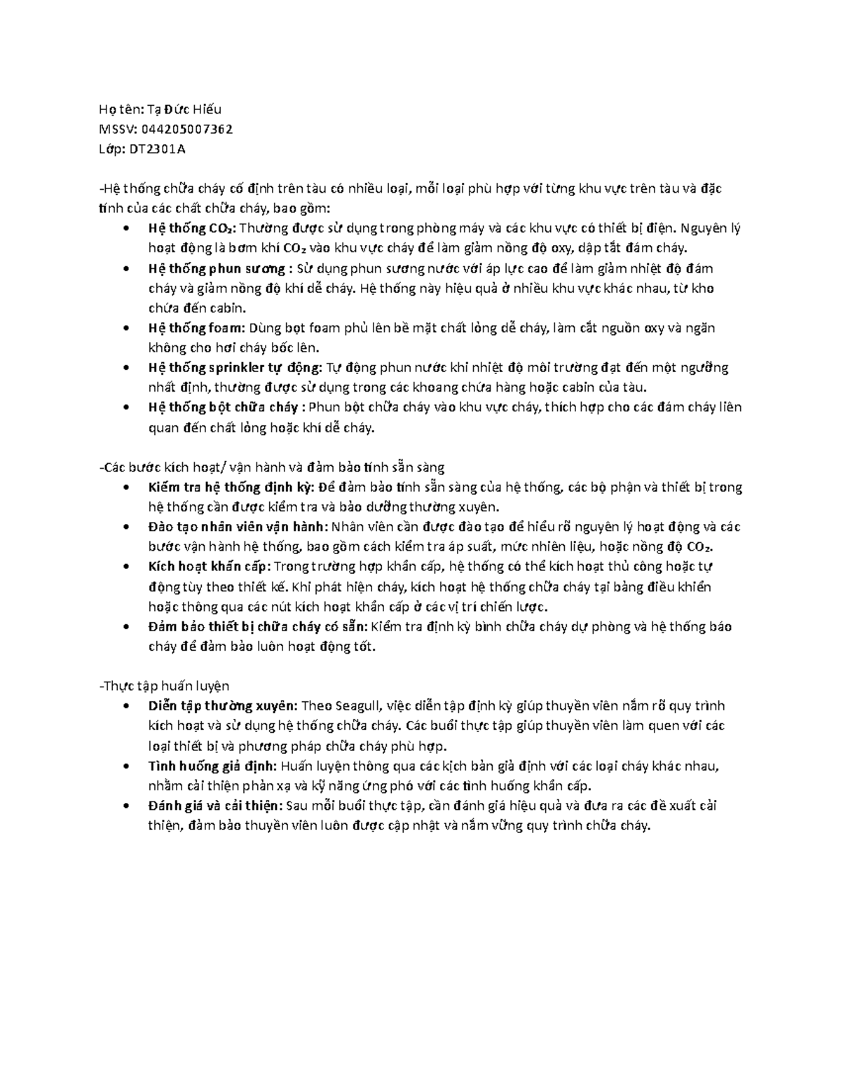 BT Elearning - fddvd - Họ tên: Tạ Đức Hiếu MSSV: 04420 5007362 Lớp: DT2301A Hệ thống chữa cháy ...