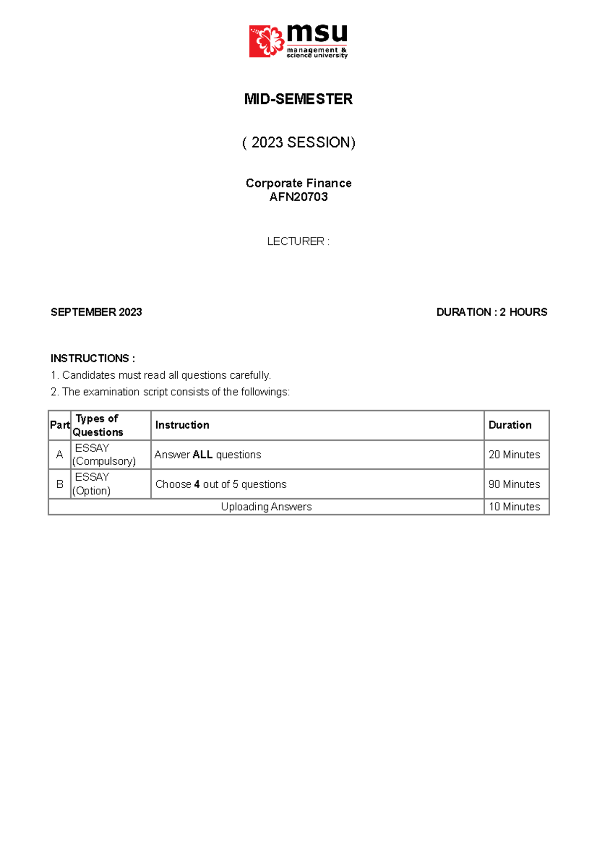 Midsem corporate finance - MID-SEMESTER ( 2023 SESSION) Corporate ...