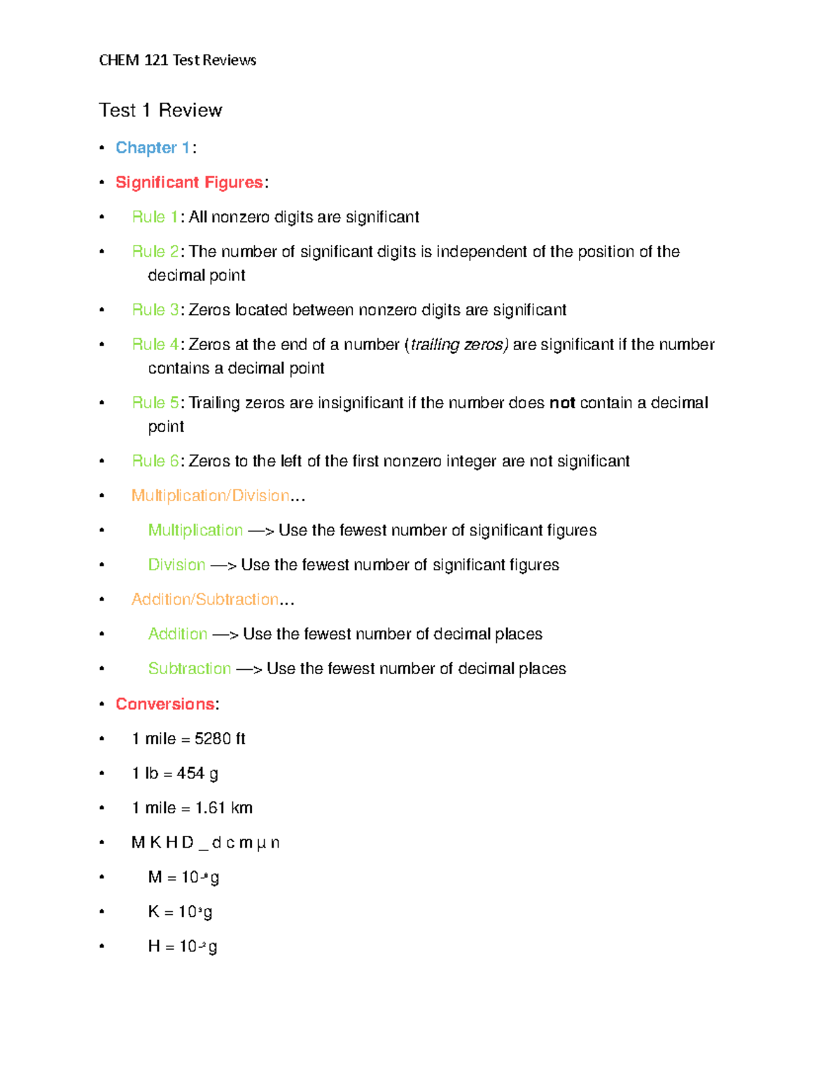 CHEM 121 Test Reviews - CHEM 121 Test Reviews Test 1 Review • Chapter 1 ...