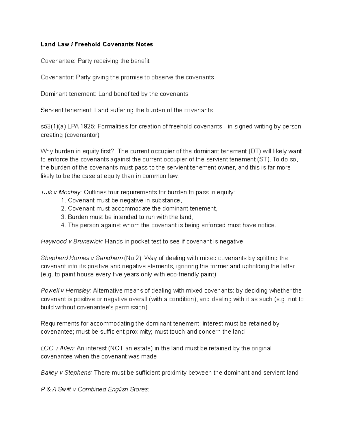 Land Law Freehold Covenants Notes - Land Law / Freehold Covenants Notes ...