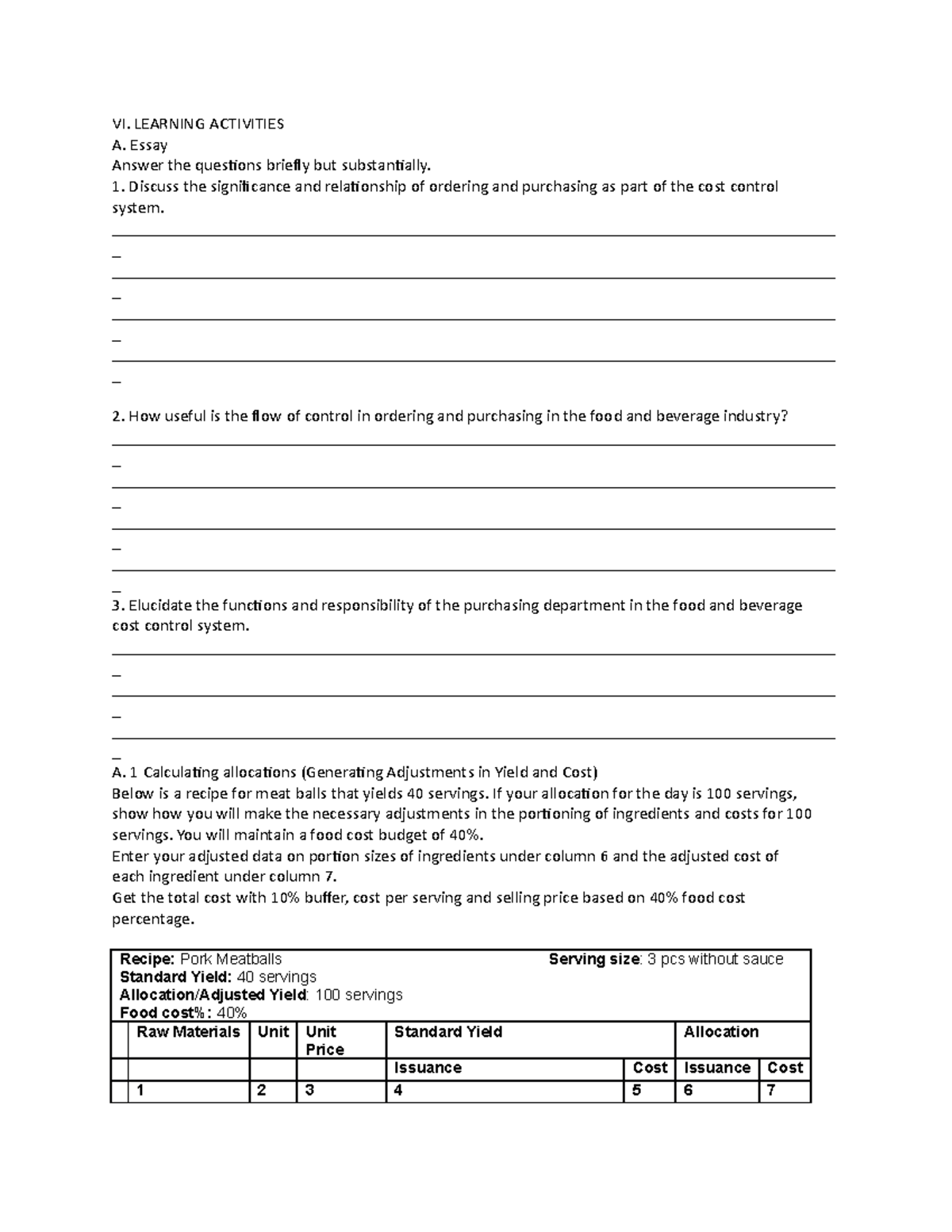 activities module - VI. LEARNING ACTIVITIES A. Essay Answer the ...