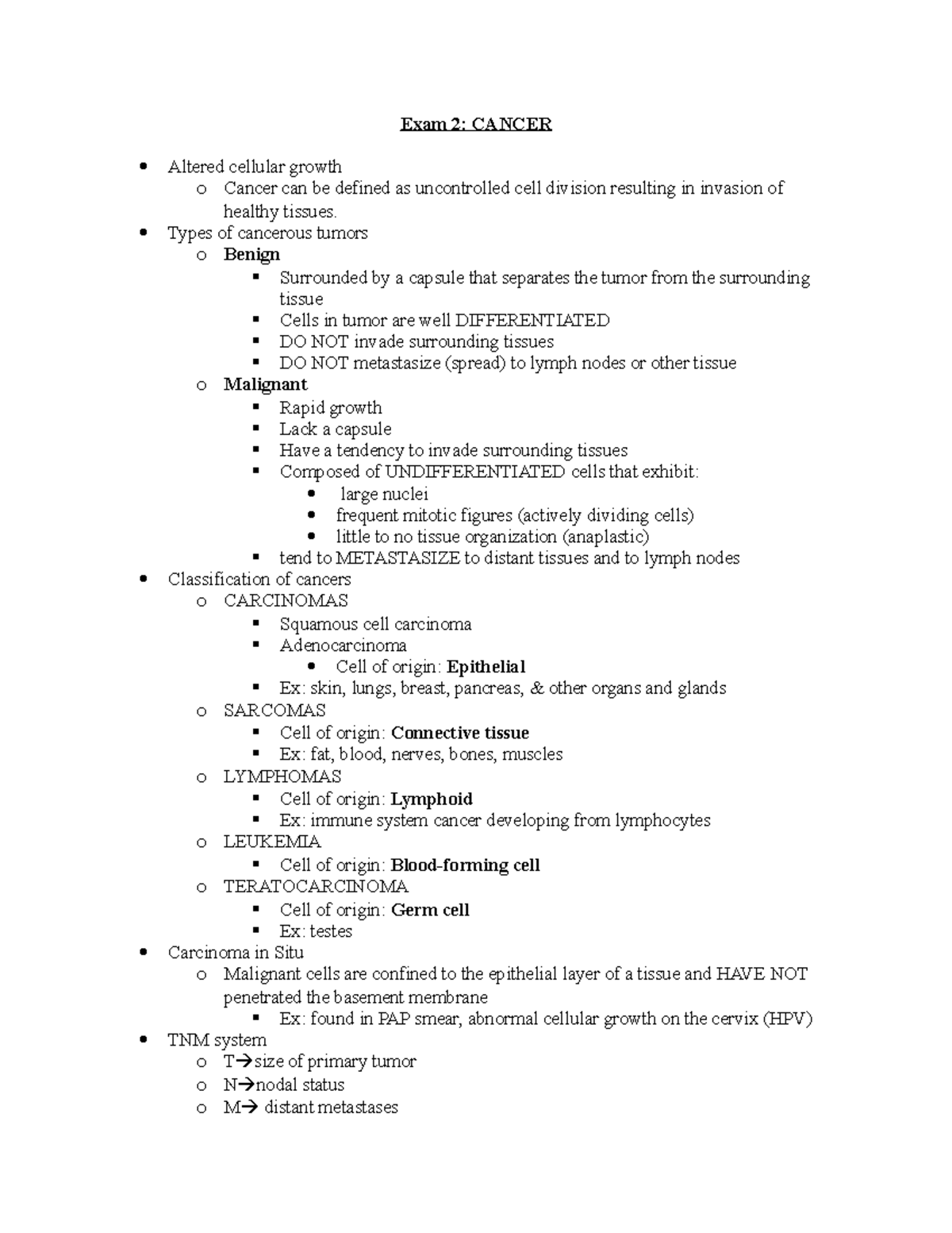 Cancer Study Guide - Exam 2: CANCER Altered cellular growth o Cancer ...