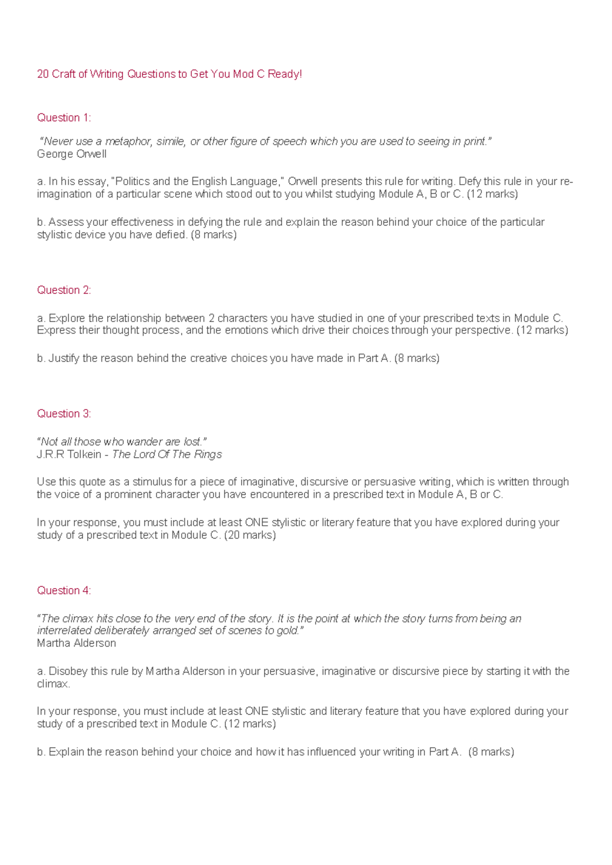 Module C Craft of Writing Prompts-3 - 20 Craft of Writing Questions to ...