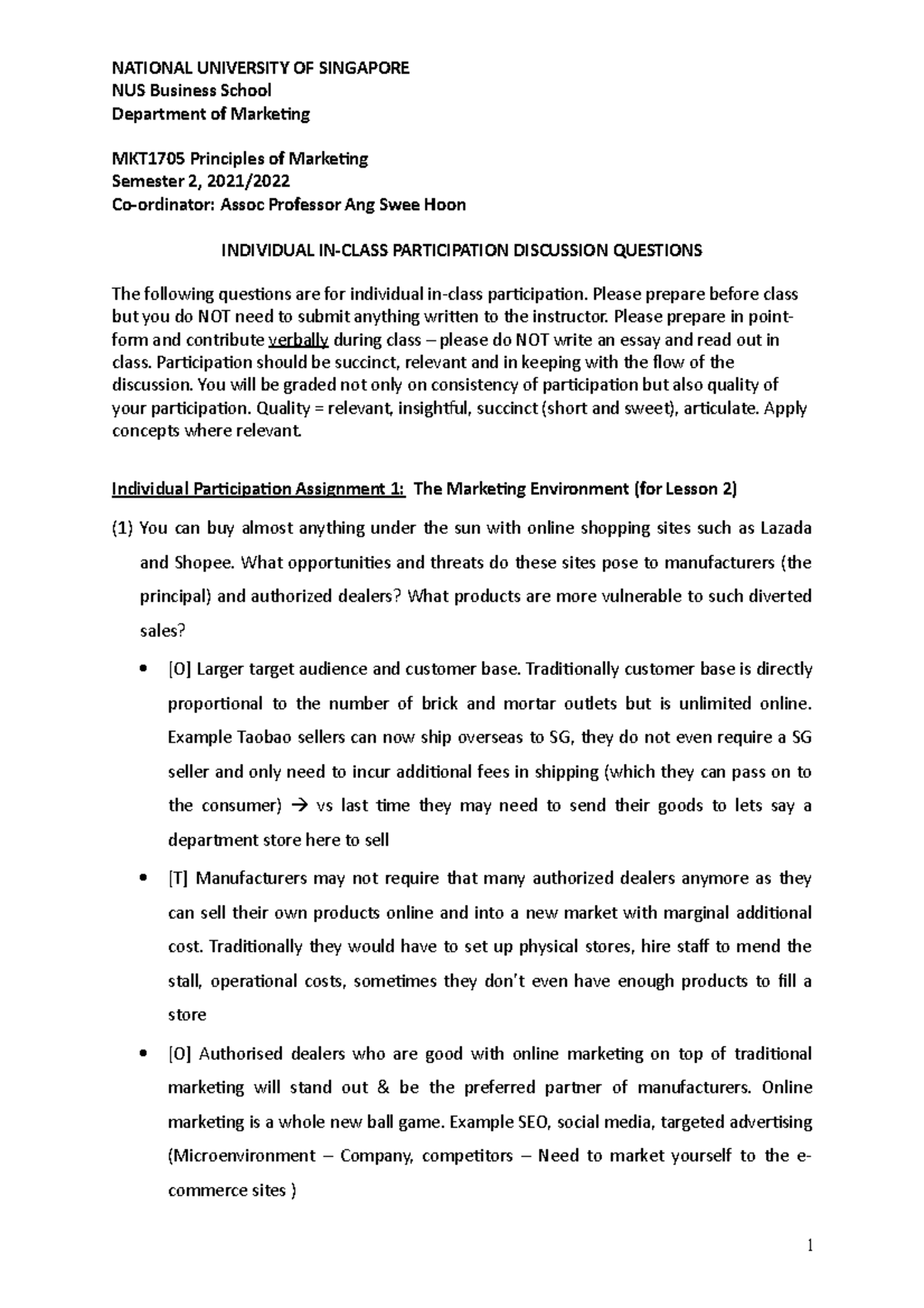 Class Part Questions - NATIONAL UNIVERSITY OF SINGAPORE NUS Business ...
