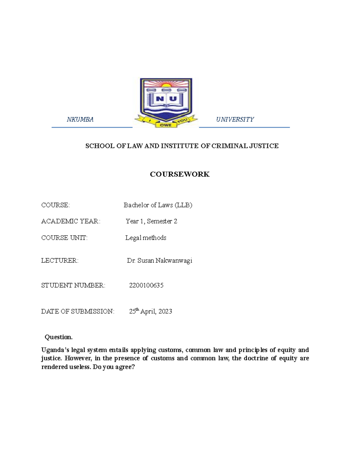 Legal Methods CW - A good guide for students of law - NKUMBA UNIVERSITY ...