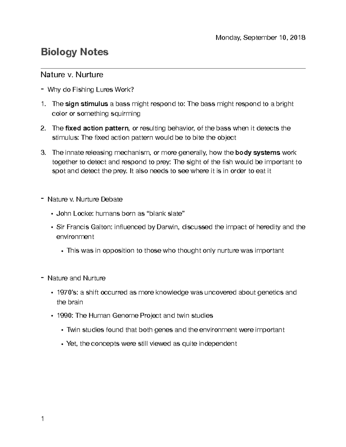 Biology Notes-Nature v. Nurture - Monday, September 10, 2018 Biology ...