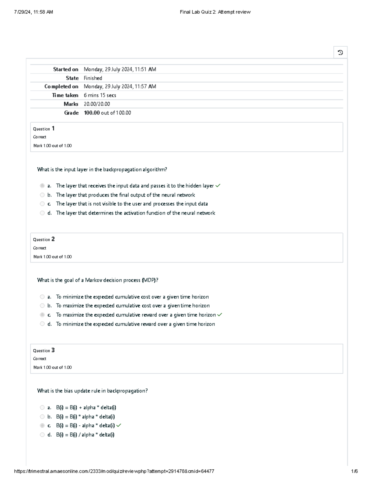 CBY6101 Final Lab Quiz 2 100 score - Started on Monday, 29 July 2024 ...