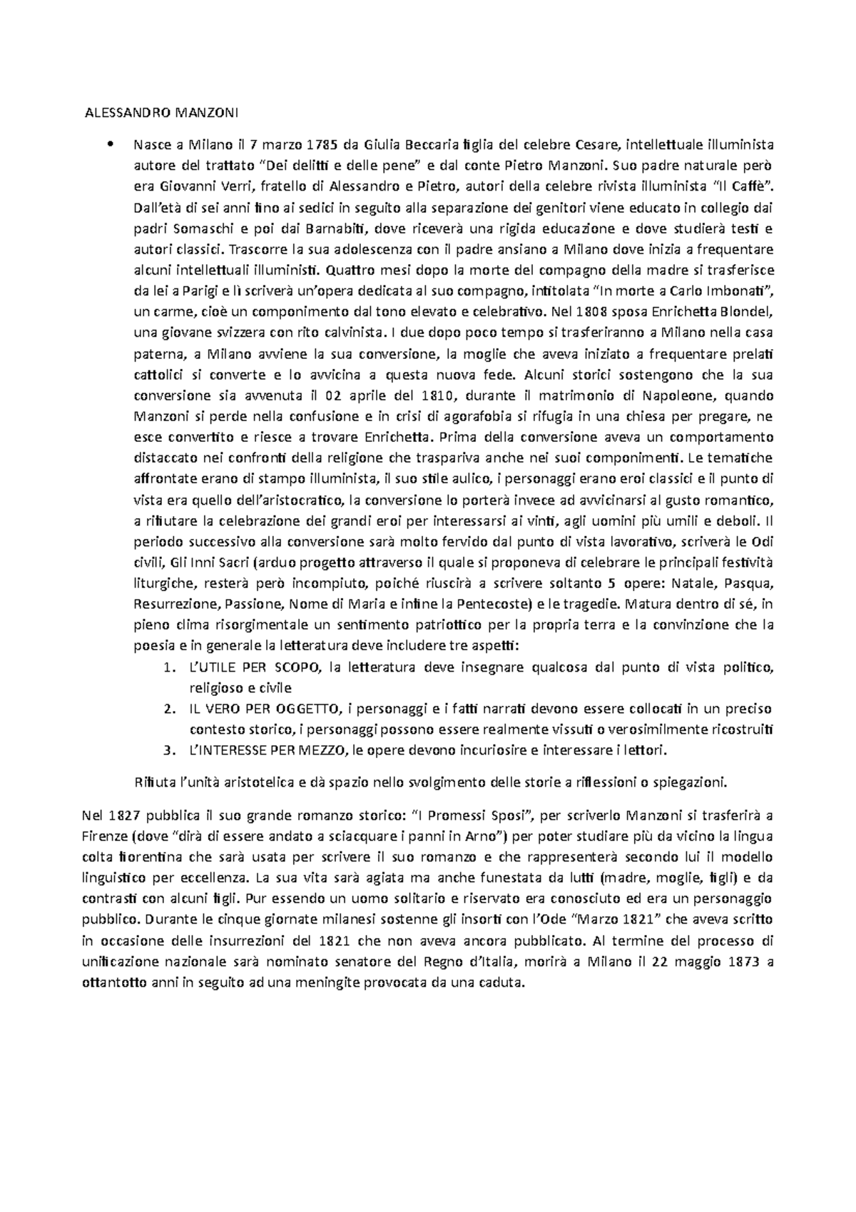 Alessandro Manzoni riassunto - ALESSANDRO MANZONI Nasce a Milano il 7 ...