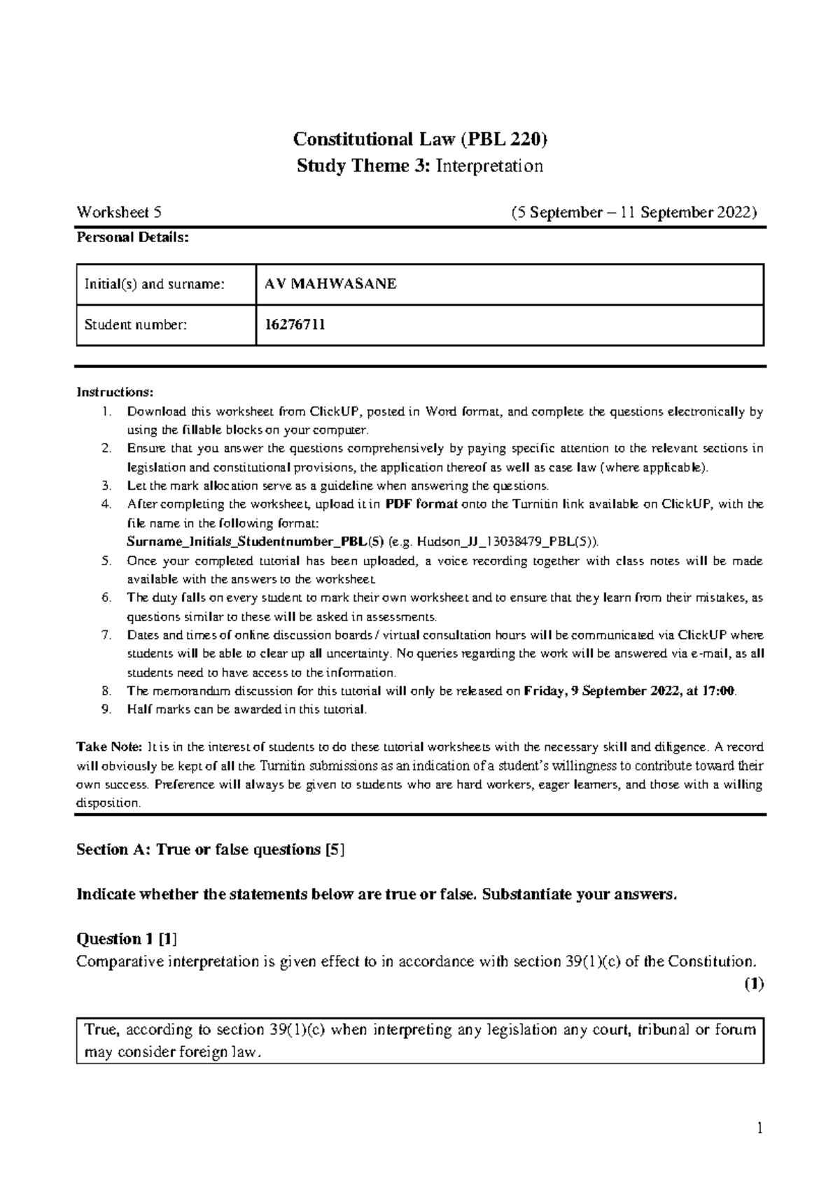 Mahwasane AV 16276711 PBL - 1 Constitutional Law (PBL 220) Study Theme ...