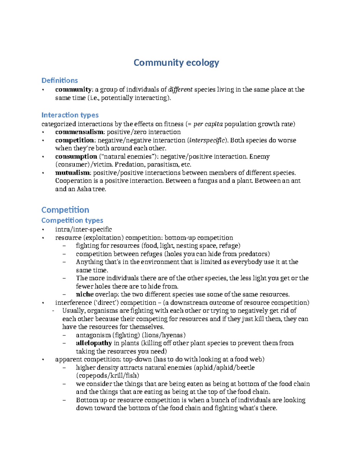 Comm eco - Community ecology notes - Community ecology Definitions ...