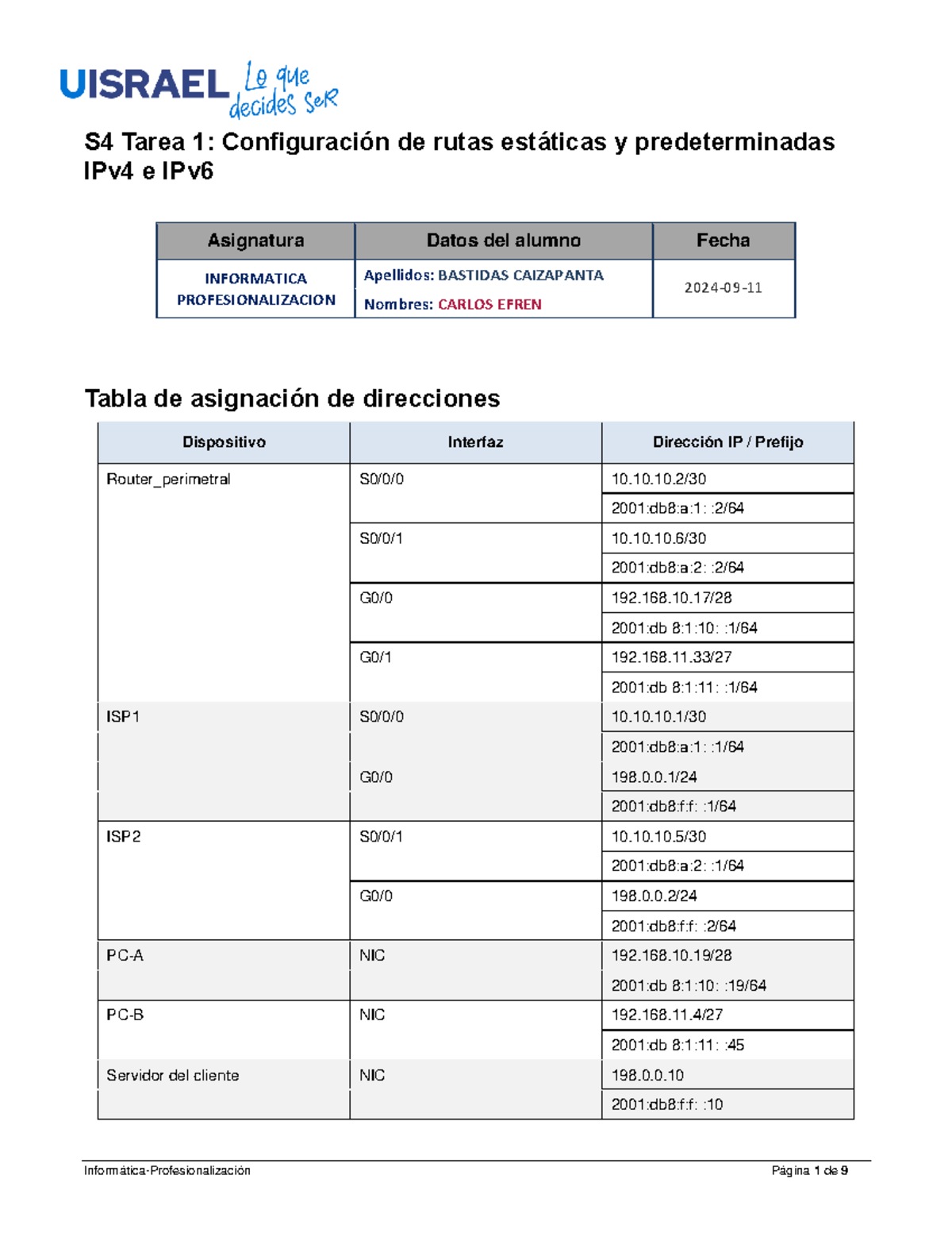 laboratorio cisco - S4 Tarea 1: Configuración de rutas estáticas y predeterminadas IPv4 e IPv ...