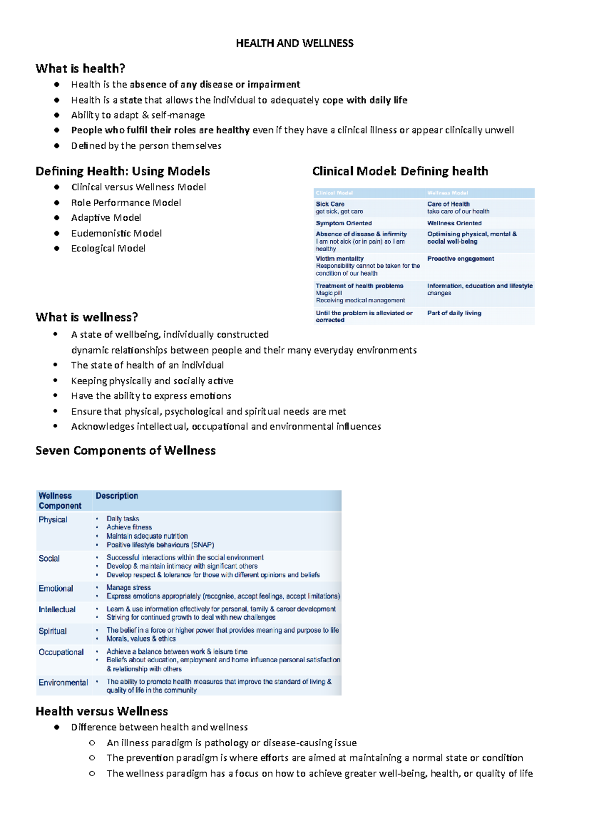 Health AND Wellness - H and W notes - HEALTH AND WELLNESS What is ...