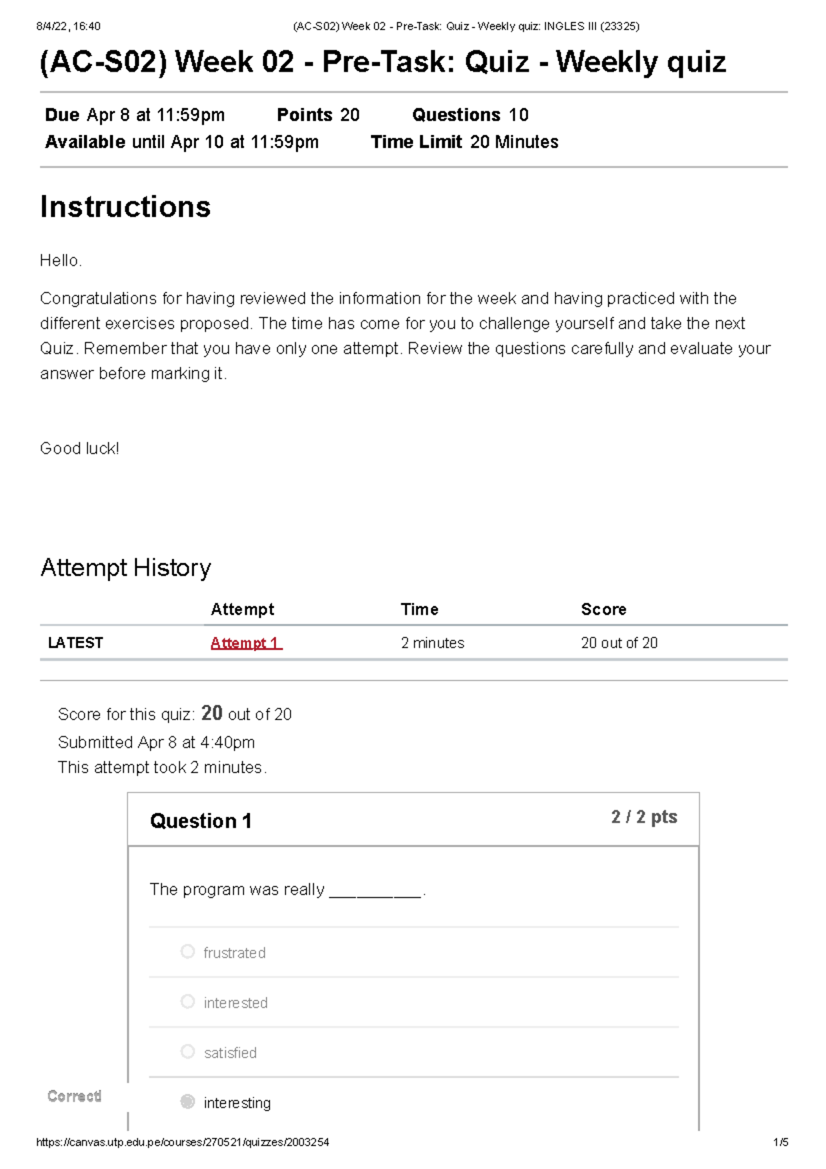 (AC-S02) Week 02 - Pre-Task Quiz - Weekly quiz Ingles III (23325) - (AC-S02) Week 02 - Pre-Task ...