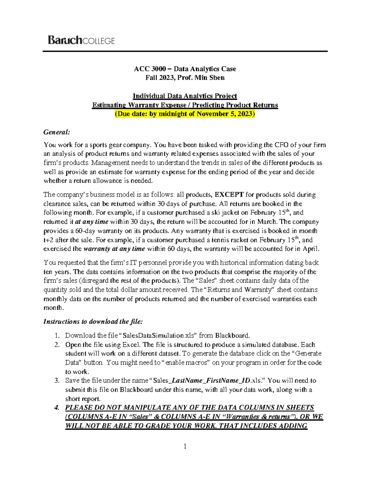 ACC Project - lecture notes - ACC 3000 − Data Analytics Case Fall 2023 ...