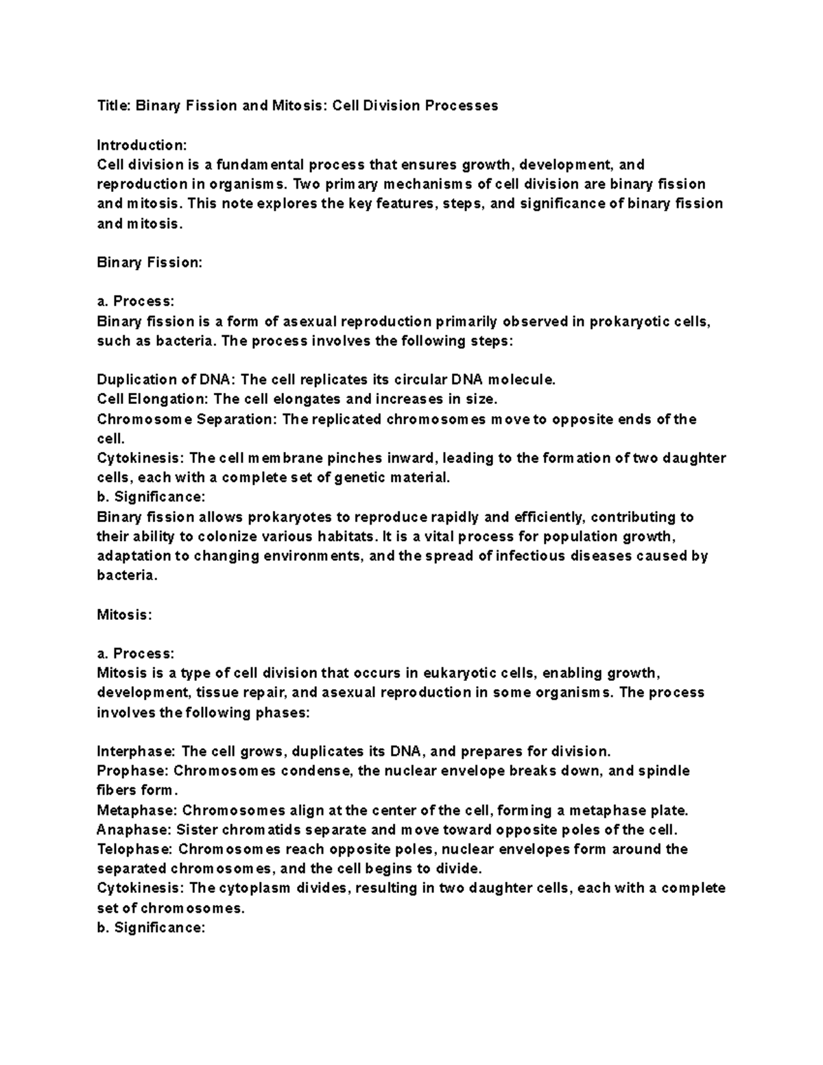 Binary Fission Mitosis notes - Title: Binary Fission and Mitosis: Cell ...