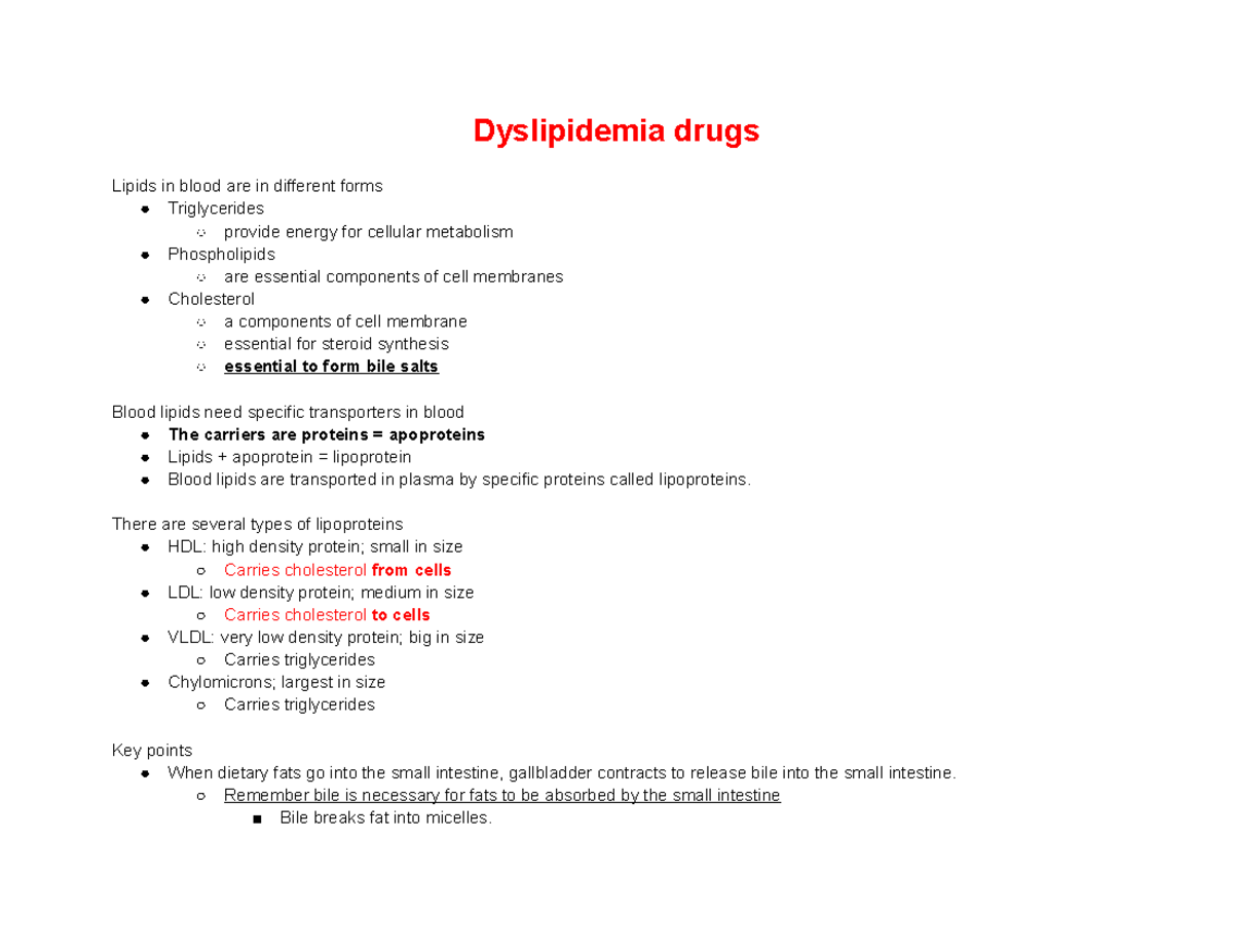 Dyslipidemia drugs - notes - Dyslipidemia drugs Lipids in blood are in ...