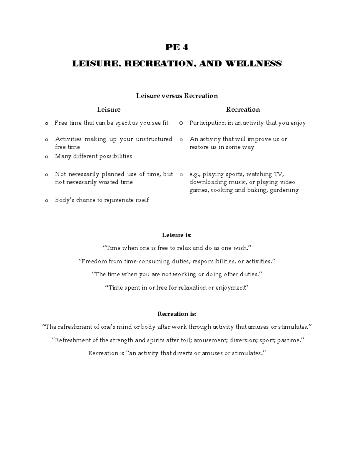 Physical Education Recreational Activities - PE 4 LEISURE, RECREATION ...