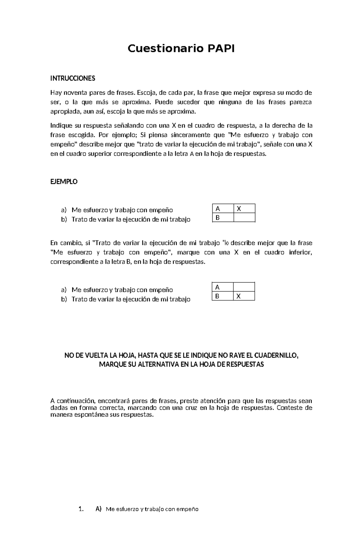 Cuestionario PAPI - Cuestionario PAPI INTRUCCIONES Hay noventa pares de ...