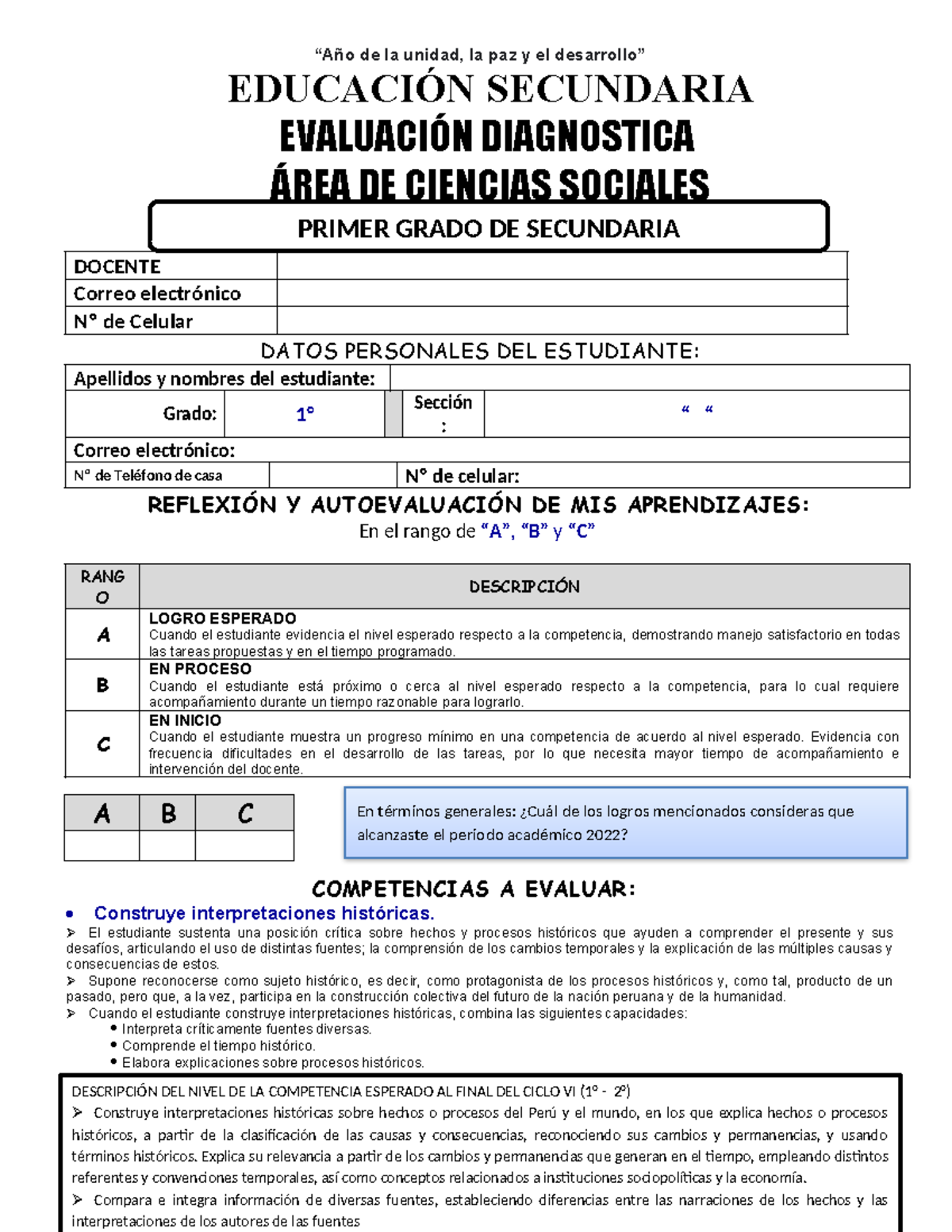 Evaluacion Diagnostica CCSS 2023 OK - “Año de la unidad, la paz y el desarrollo” EDUCACIÓN - Studocu