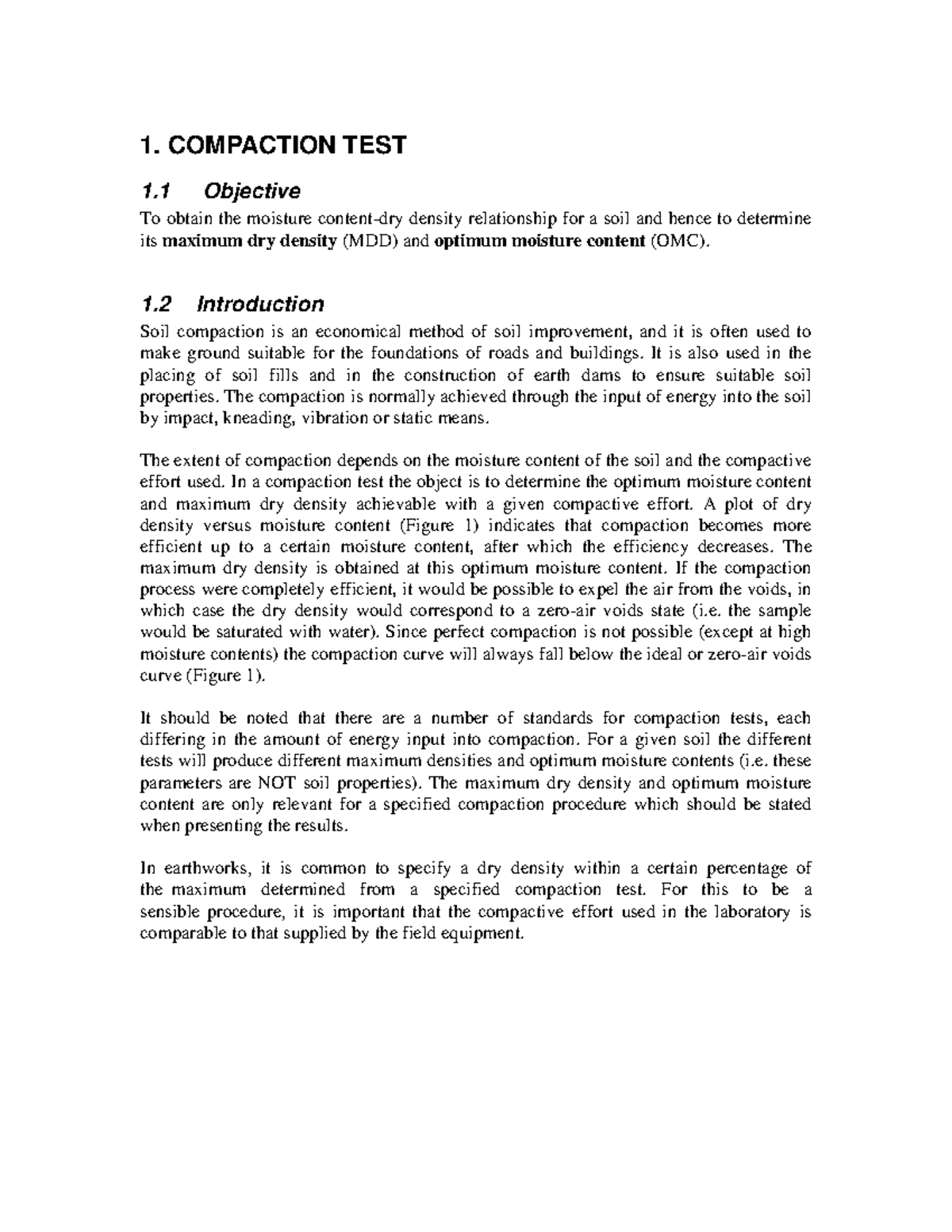 Compaction test - 1. COMPACTION TEST 1 Objective To obtain the moisture ...