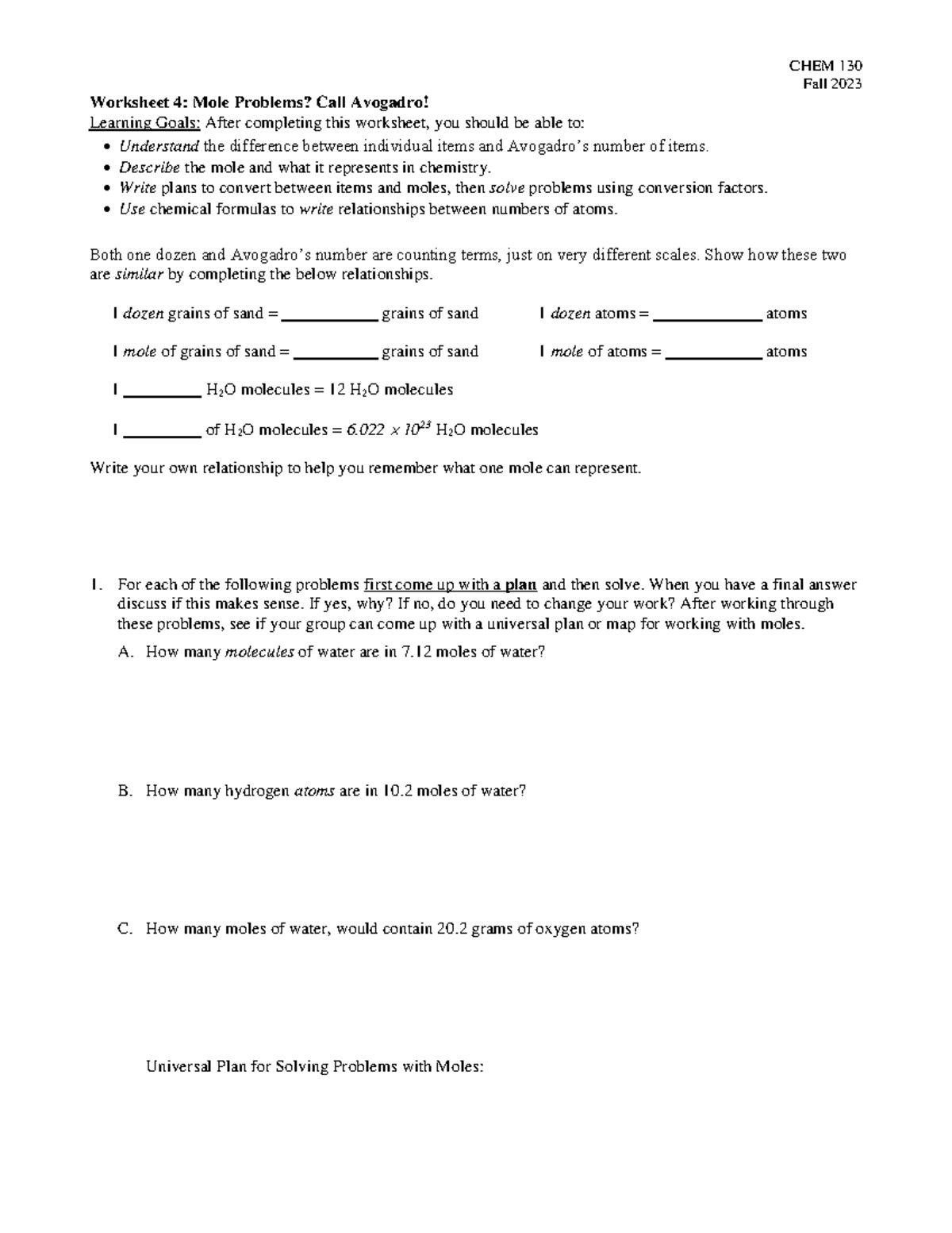 Worksheet 4 FA23.Mole Problems - CHEM 130 Fall 2023 Worksheet 4: Mole ...