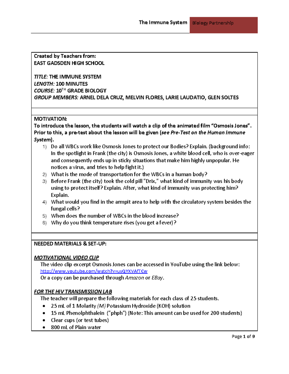 Lesson plan immune system - zyxwvutsr Created by Teachers from: EAST ...