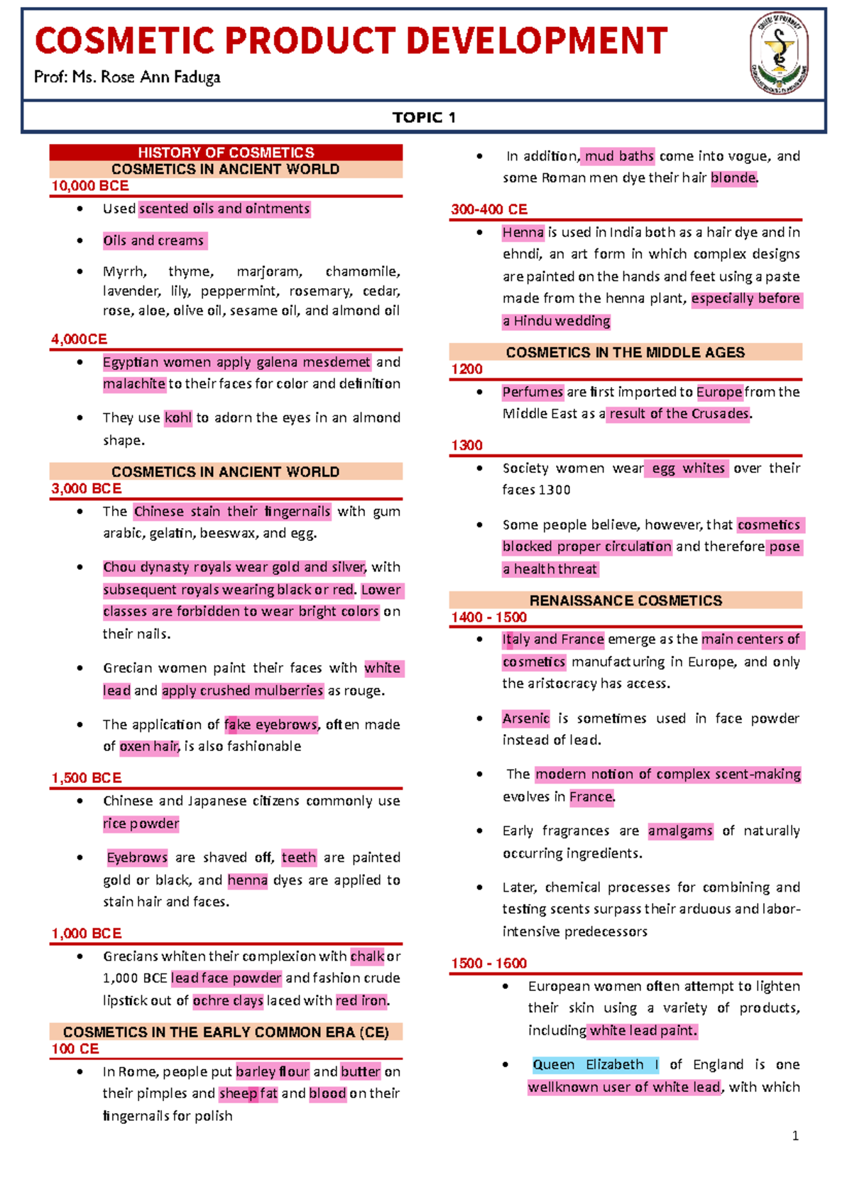 Lesson 1 - cosmetic history - COSMETIC PRODUCT DEVELOPMENT Prof: Ms ...