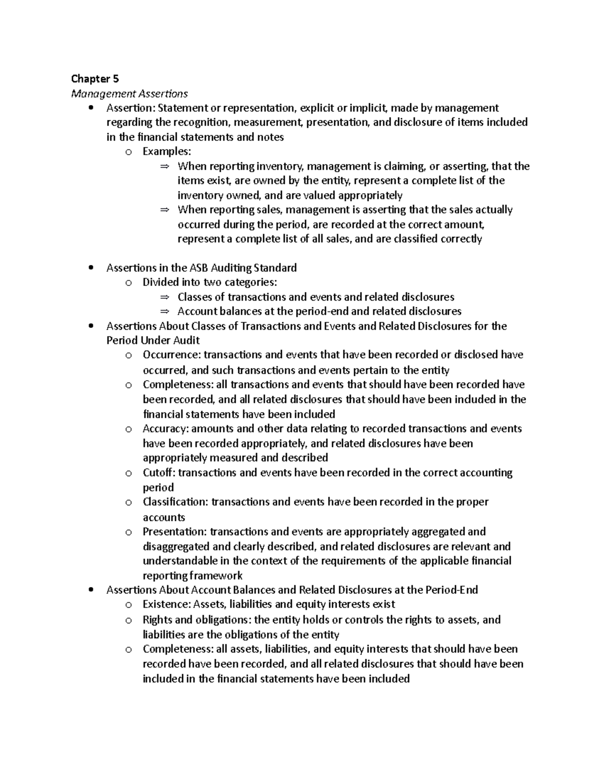 Chapter 5 Notes - Stilwell - Chapter 5 Management Assertions Assertion ...