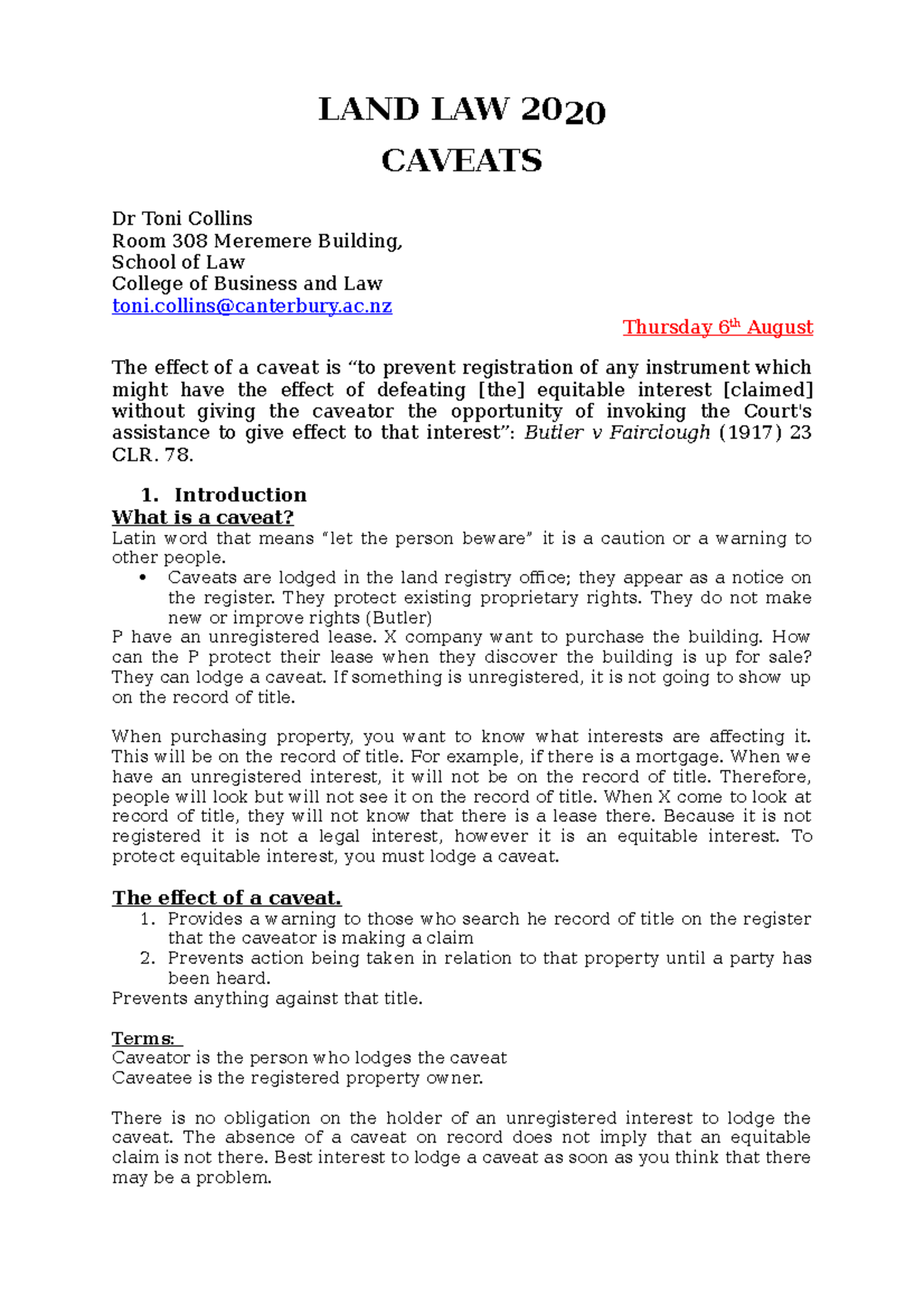Caveats Notes - LAND LAW 20 20 CAVEATS Dr Toni Collins Room 308 ...