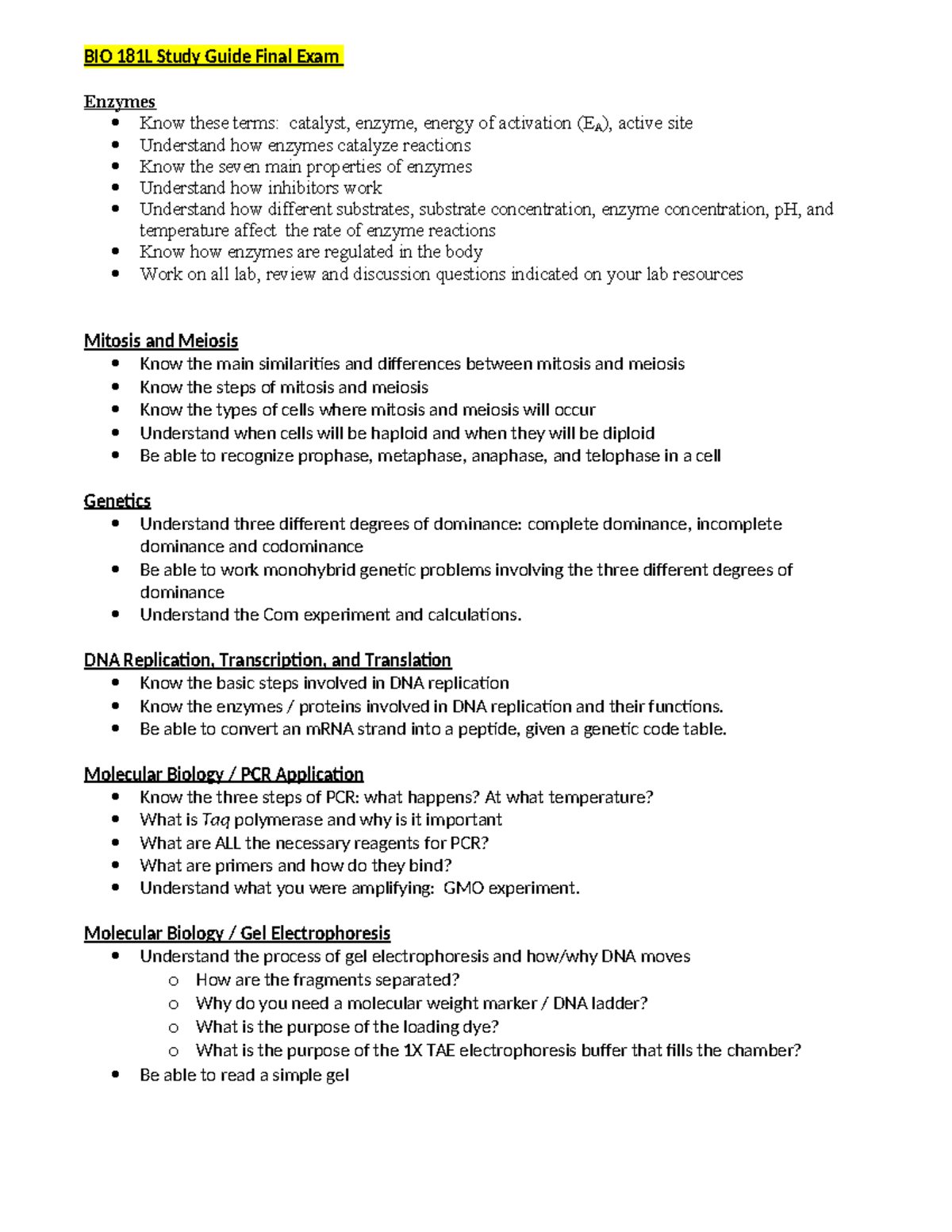BIO lab final study guuide - BIO 181L Study Guide Final Exam Enzymes ...
