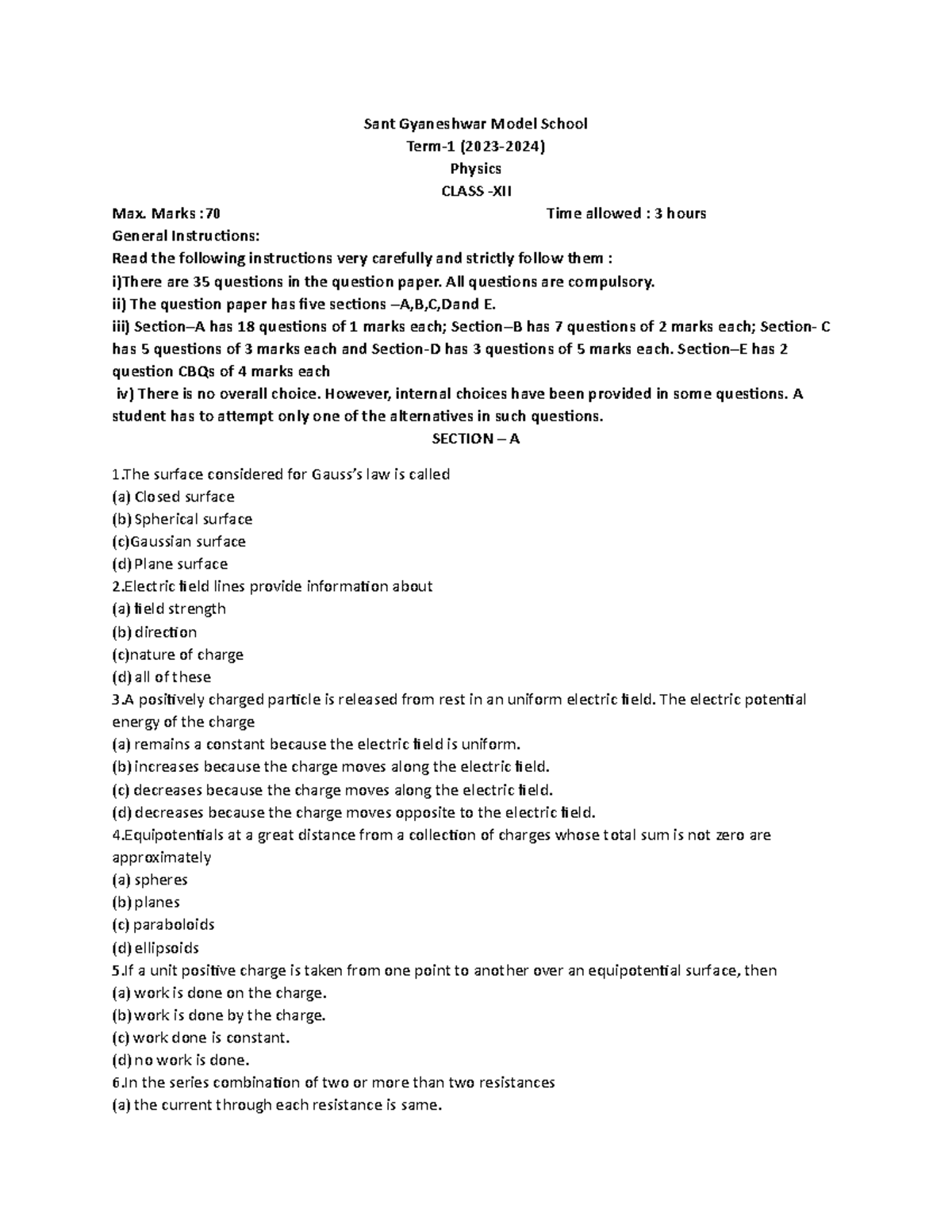 Physics class 12 term 1 - lec - Sant Gyaneshwar Model School Term- 1 ...