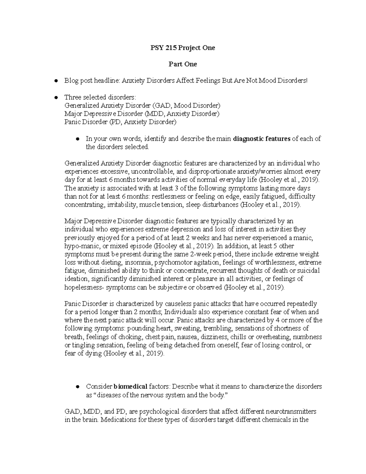 PSY 215 Project One - course work for SNHU psy 215 abnormal psychology ...