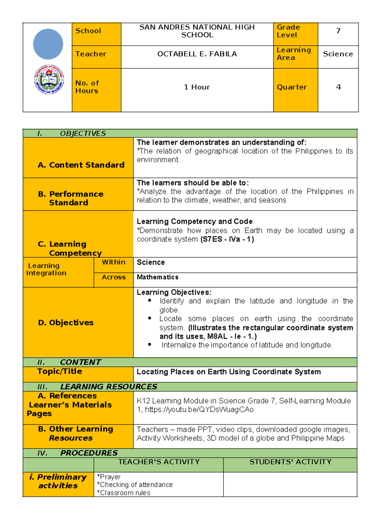 Science 7 ranking lesson plan - School SAN ANDRES NATIONAL HIGH SCHOOL ...