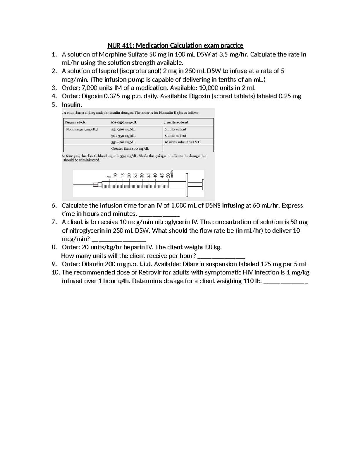 NUR 411 Sample medication practice questions - NUR 411: Medication ...