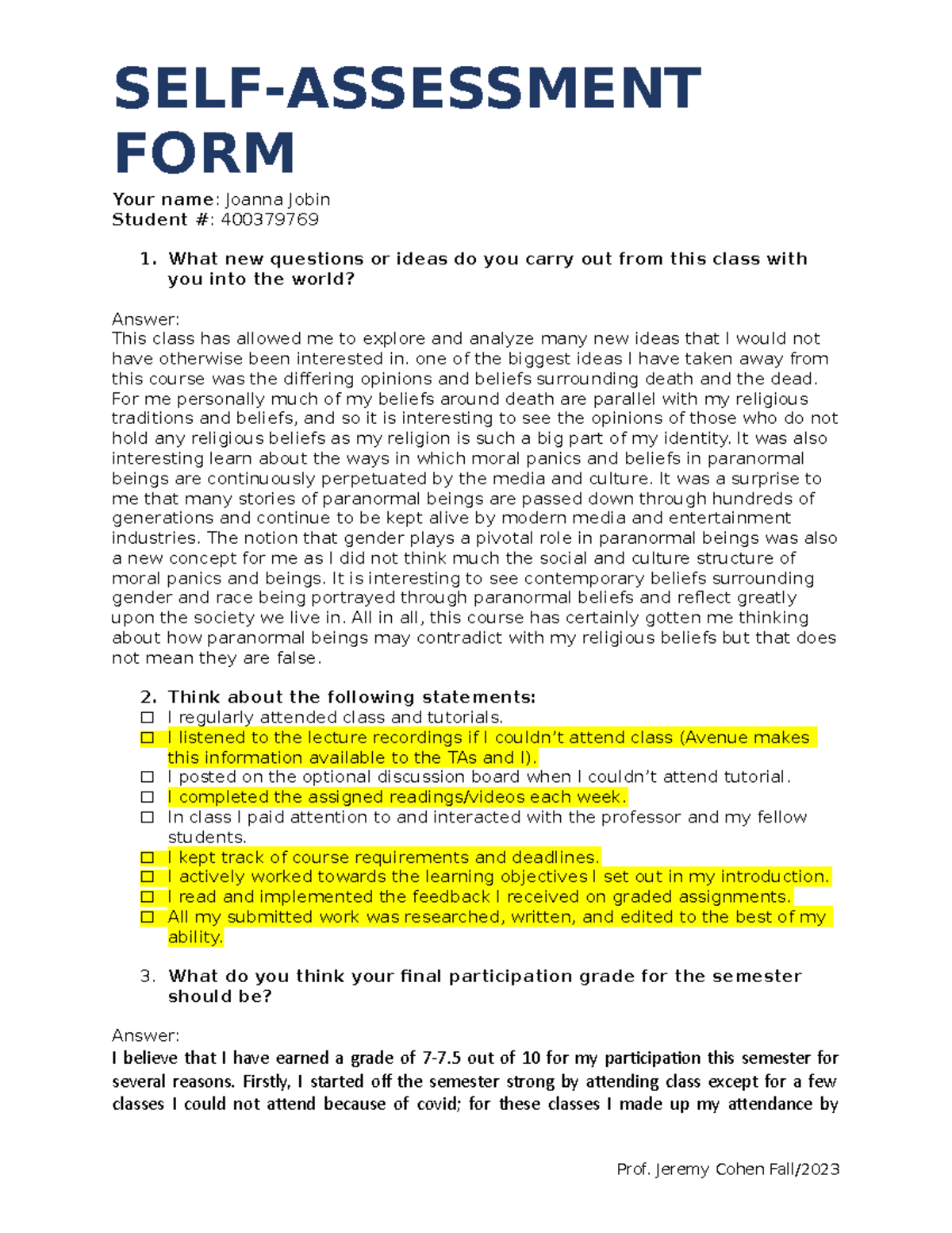 Participation Self-Assessment Form - SELF-ASSESSMENT FORM Your name ...