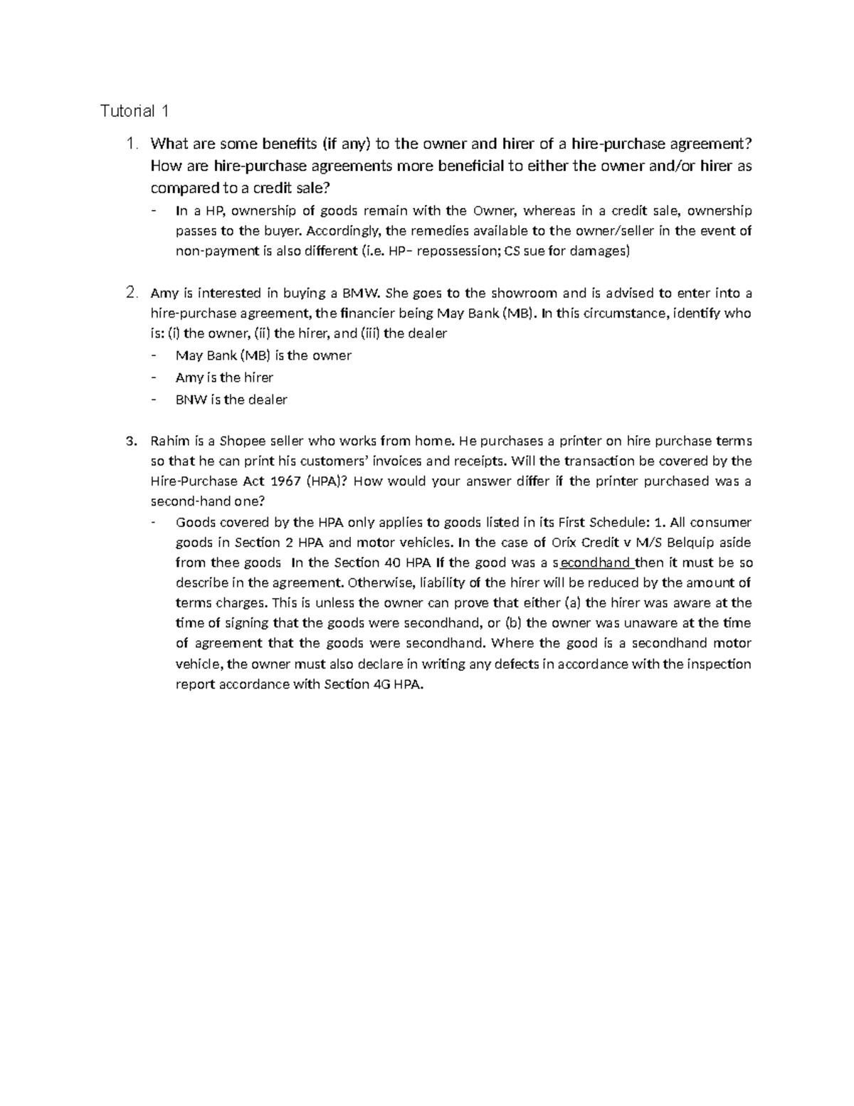 Tutorials Commercial Law - Tutorial 1 1. What are some benefits (if any ...