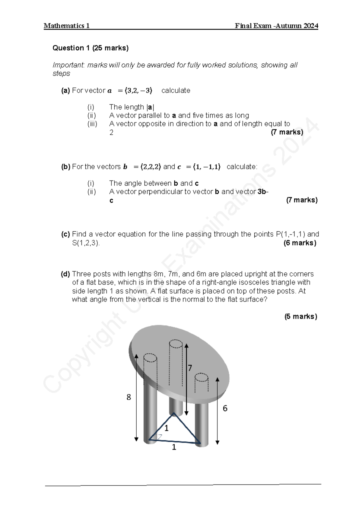 Q1 C - Mathematics 1 Final Exam -Autumn 2024 Question 1 (25 marks ...