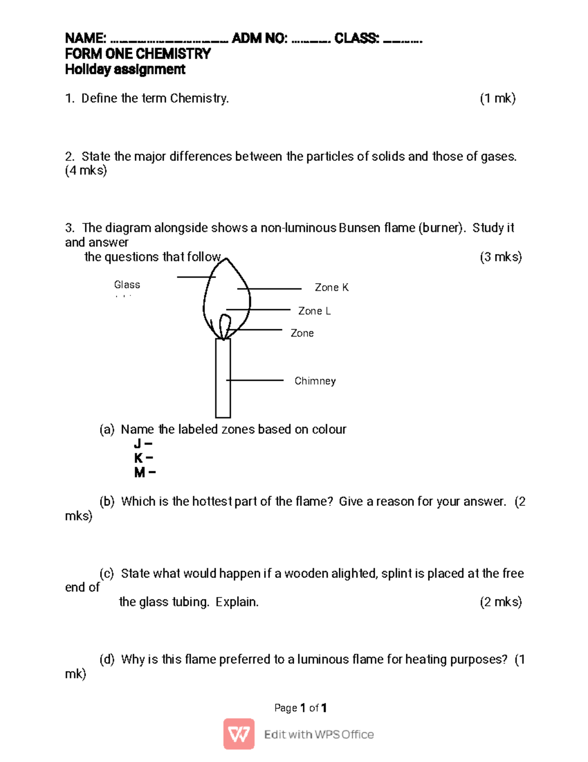 Chemistry F1 April Holiday Assignment 2023 Assignments - Form 1 - Chemistry - NAME: - Studocu