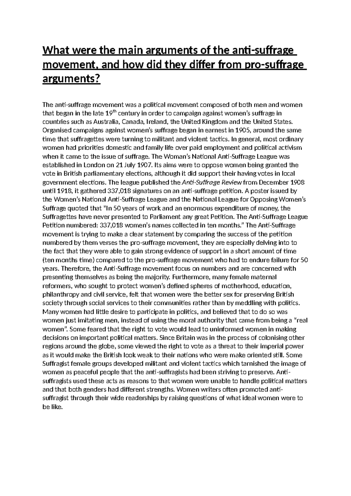 Anti-suffrage movement - Organised campaigns against women’s suffrage ...