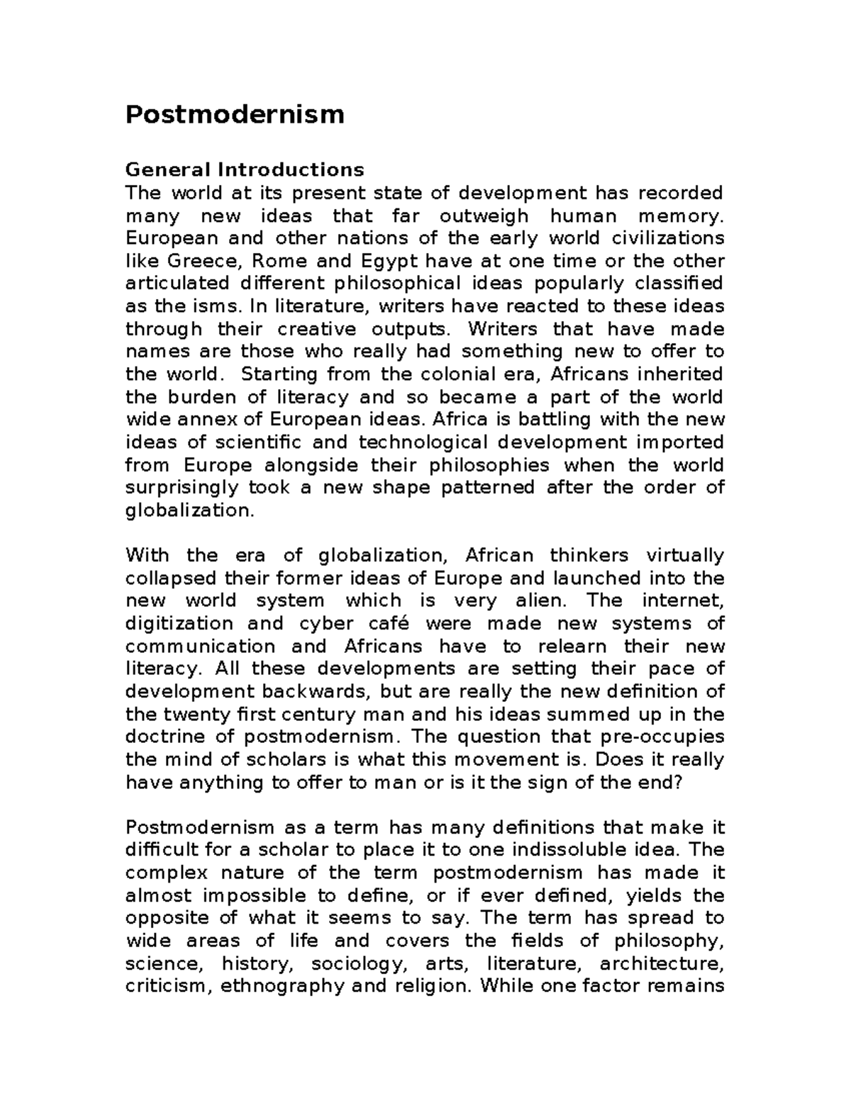 Postmodernism and Literature - Postmodernism General Introductions The ...