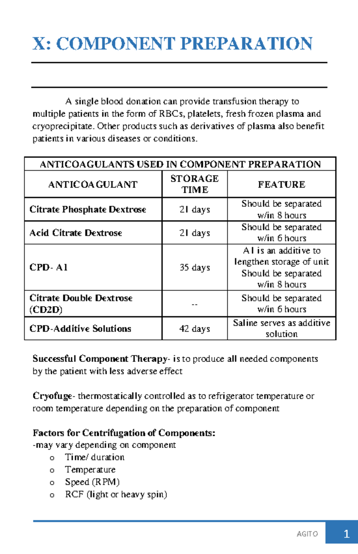 10 Component - summaries - X: COMPONENT PREPARATION A single blood ...