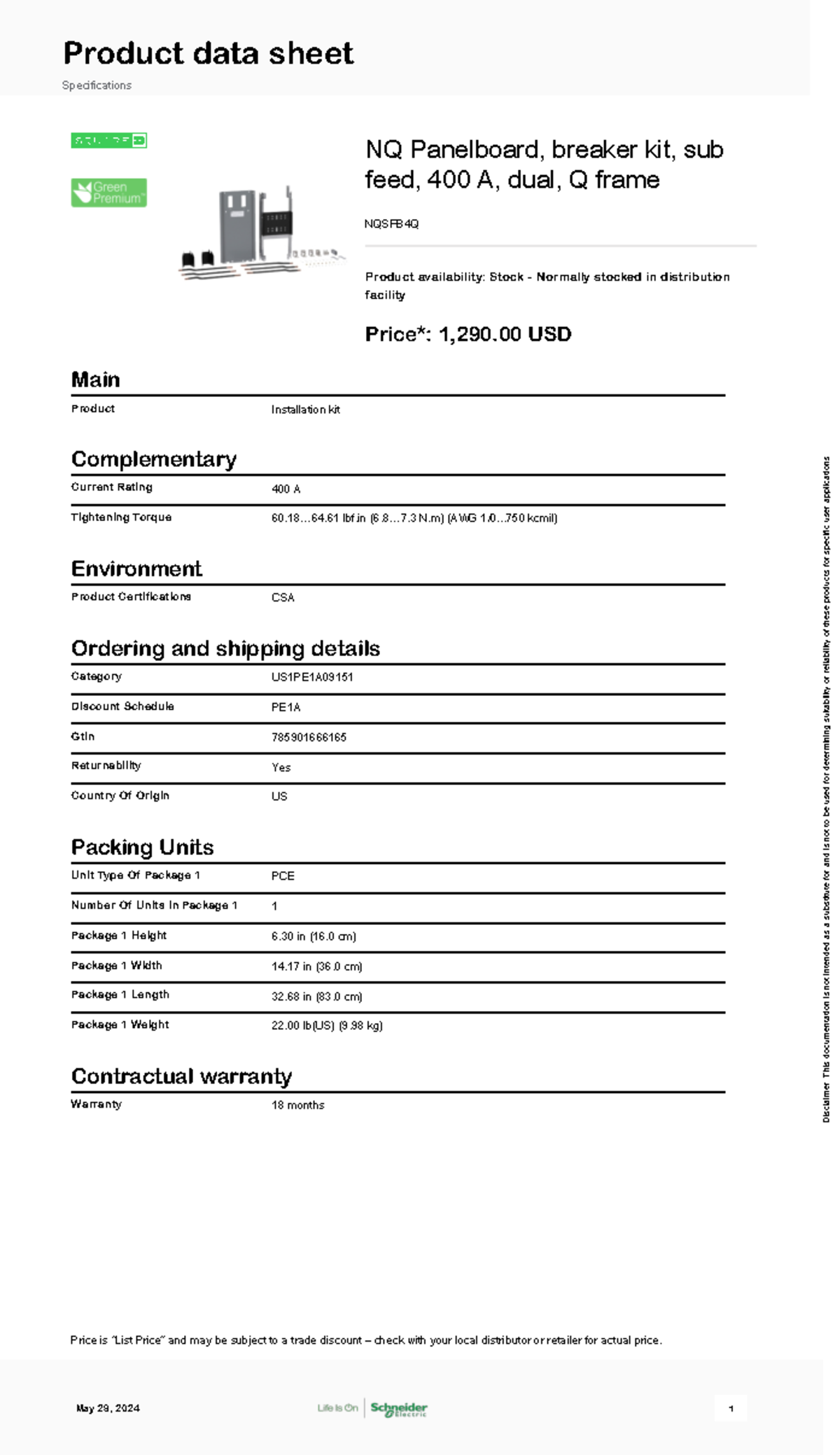 Schneider Electric NQ-Panelboards Nqsfb 4Q - NQ Panelboard, breaker kit ...