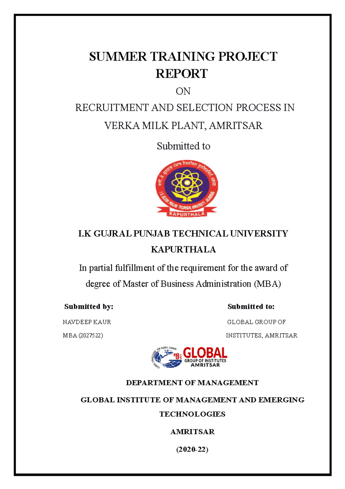 Summer Training Project Report front navdeep mba 3 - SUMMER TRAINING ...