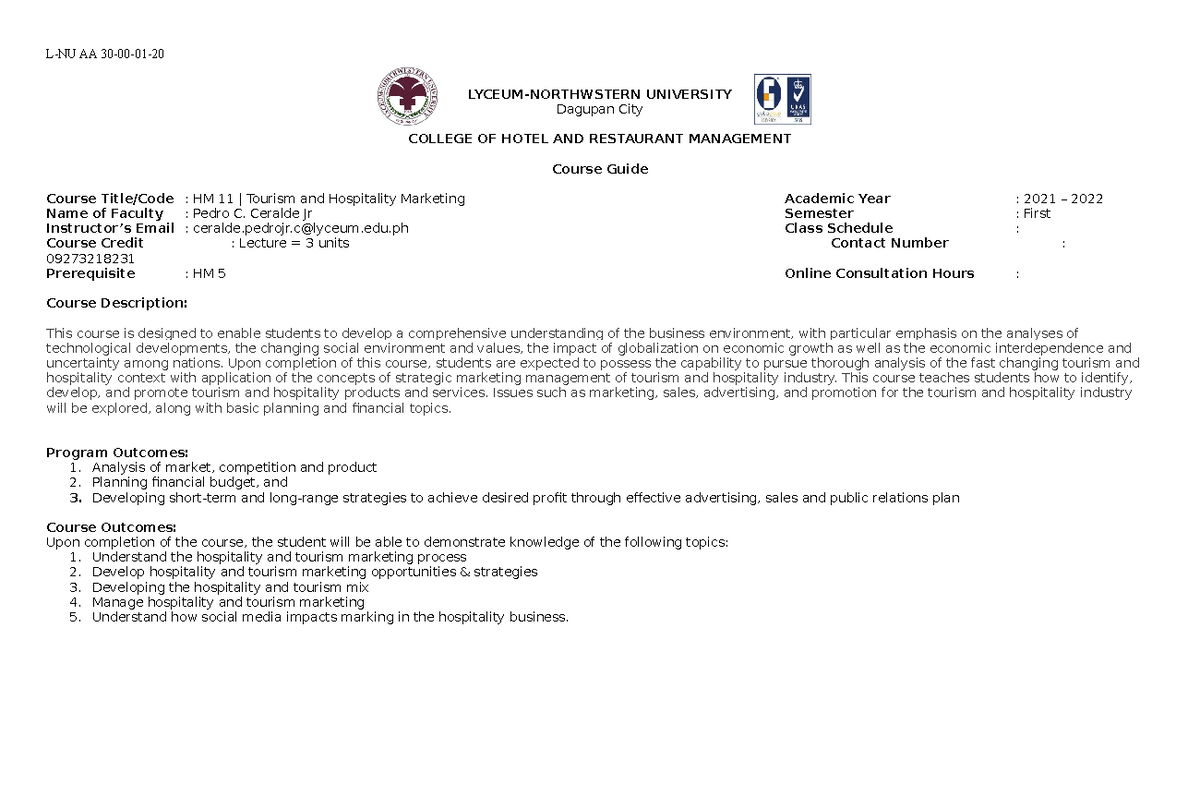 Course Guide HM 11 Tourism and Hospitality Marketing - LYCEUM ...
