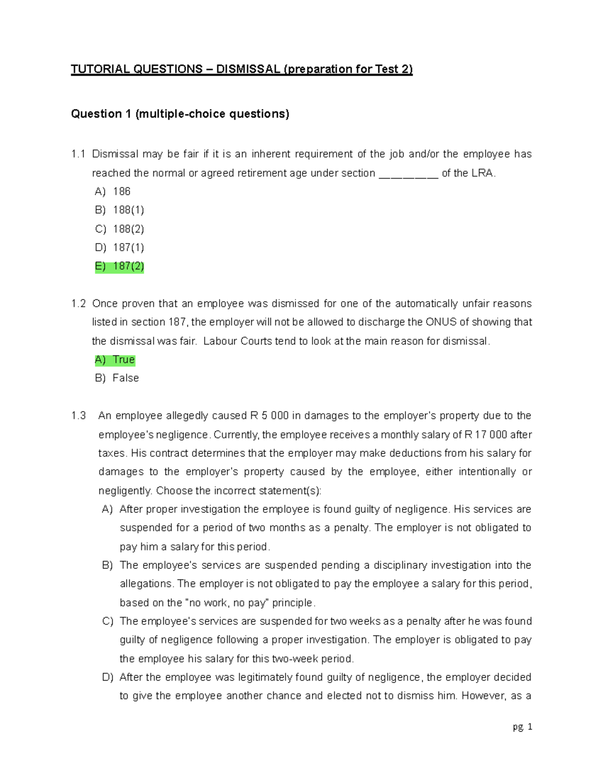 Tutorial Questions - Dismissals prep for assessments - TUTORIAL ...