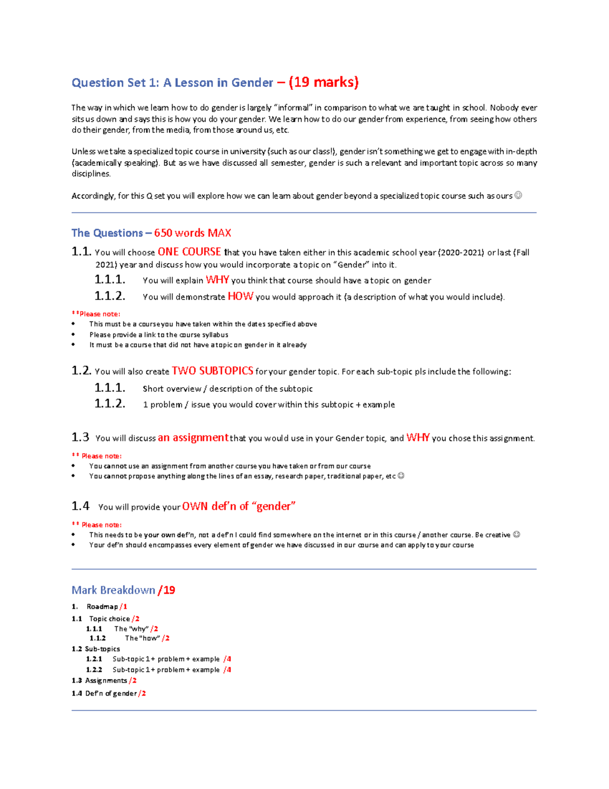 Gender Written Q's - idk - Question Set 1: A Lesson in Gender – (19 ...